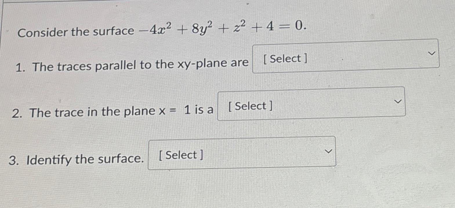 Solved Consider the surface -4x2+8y2+z2+4=0The traces | Chegg.com