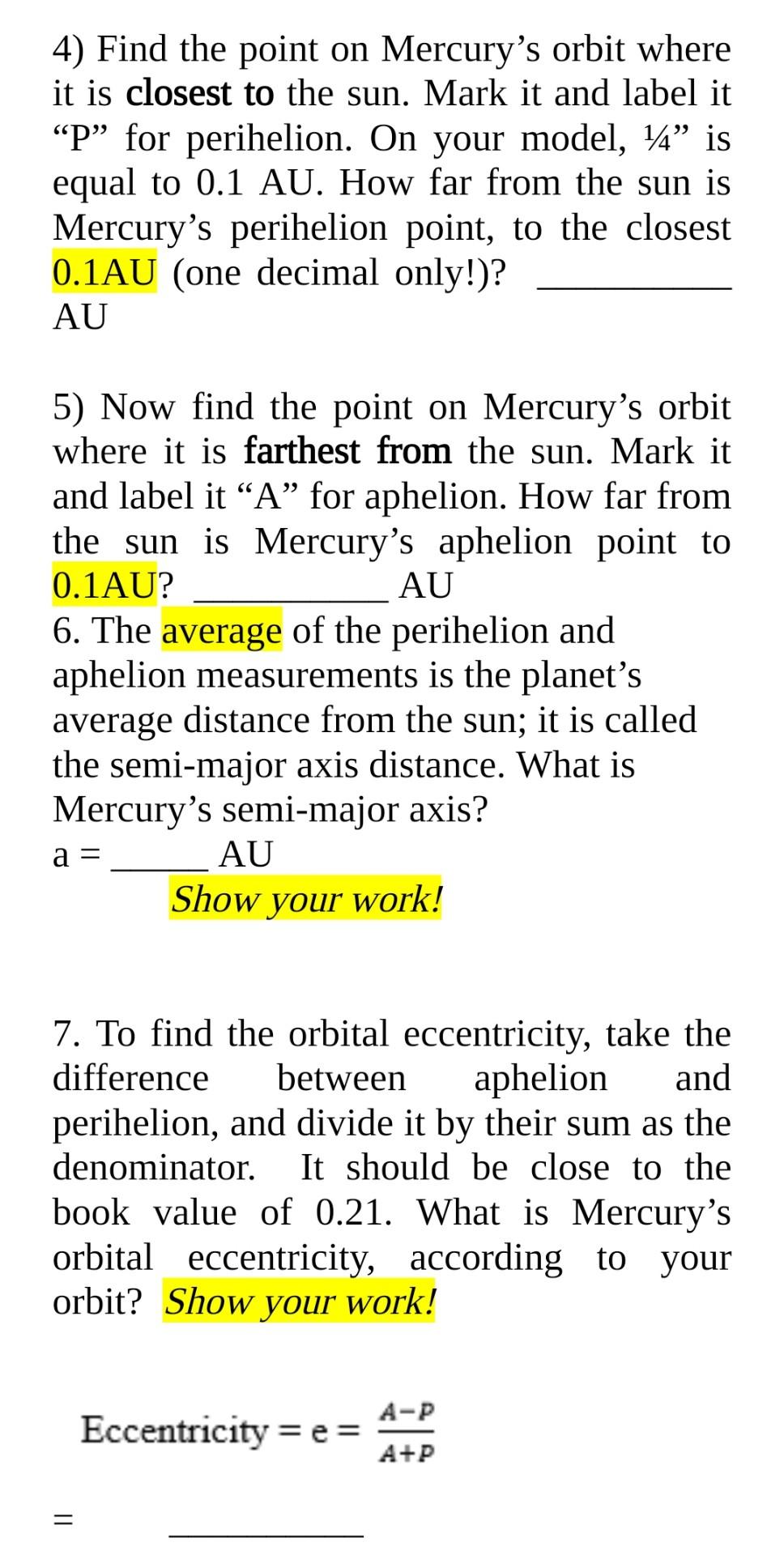 Solved 4) Find the point on Mercury's orbit where it is | Chegg.com