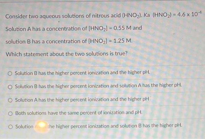 Solved Consider two aqueous solutions of nitrous acid | Chegg.com