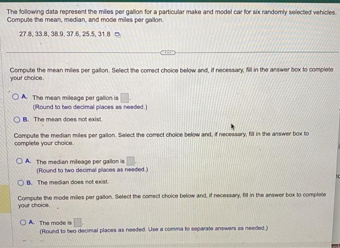 Solved The following data represent the miles per gallon for | Chegg.com