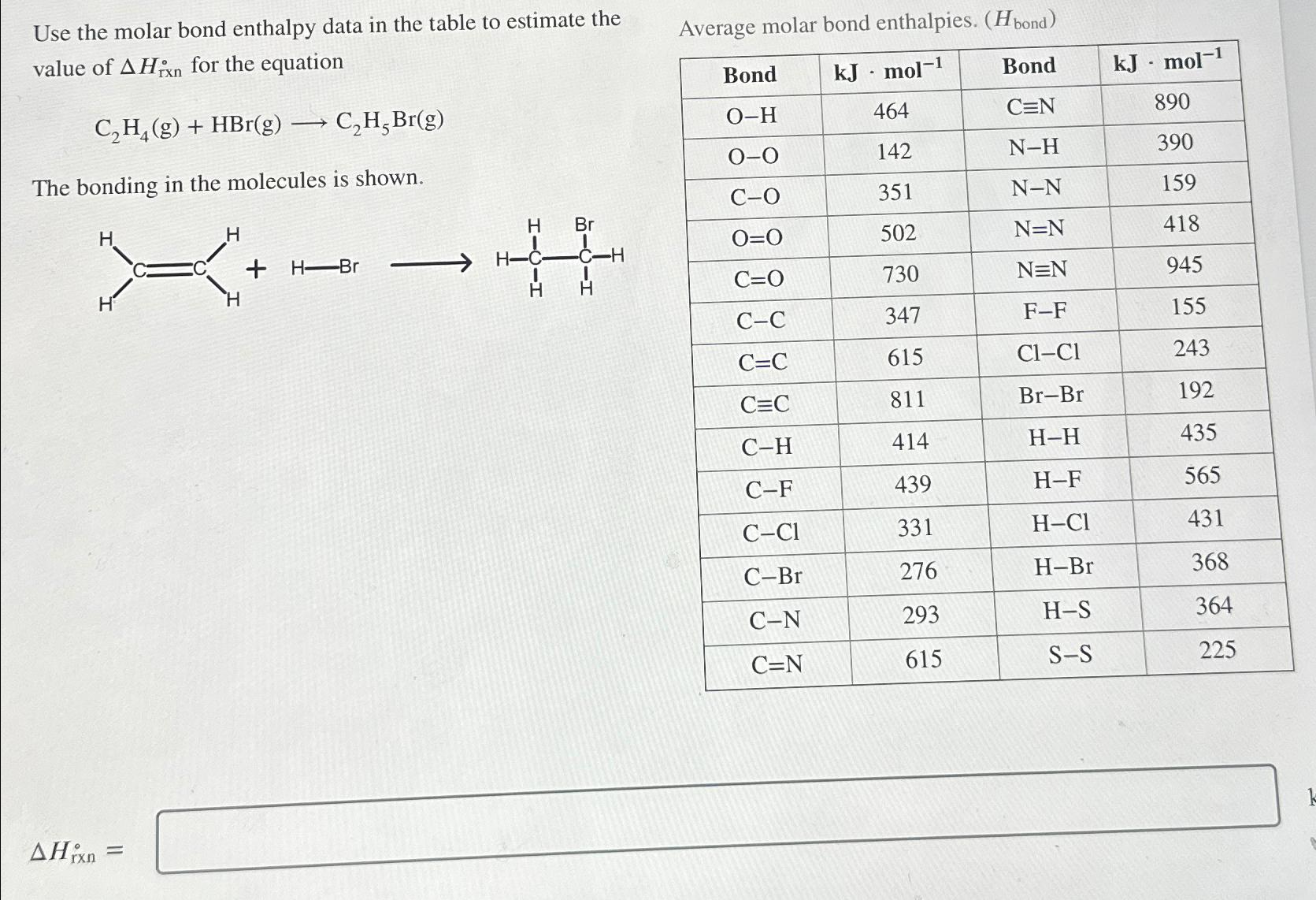 Solved Use the molar bond enthalpy data in the table to | Chegg.com