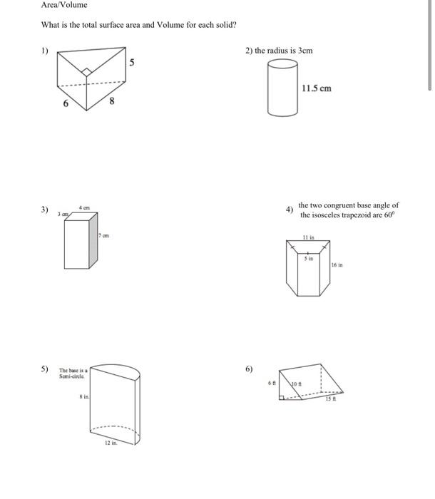 Solved Area/Volume What is the total surface area and Volume | Chegg.com