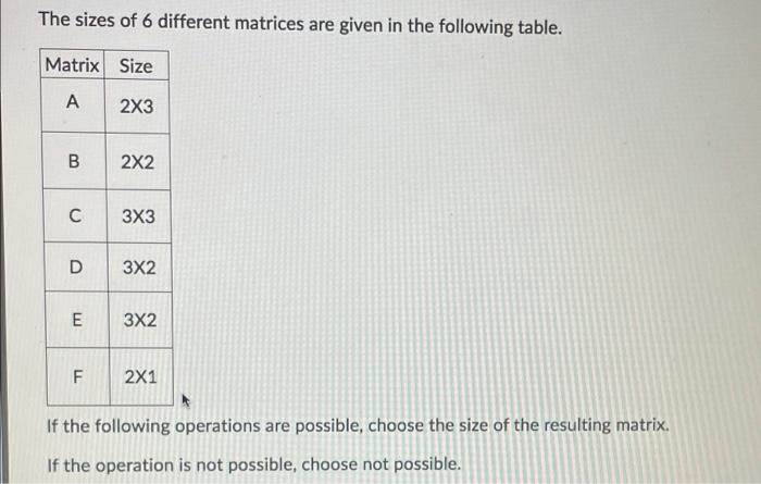 Solved The sizes of 6 different matrices are given in the | Chegg.com