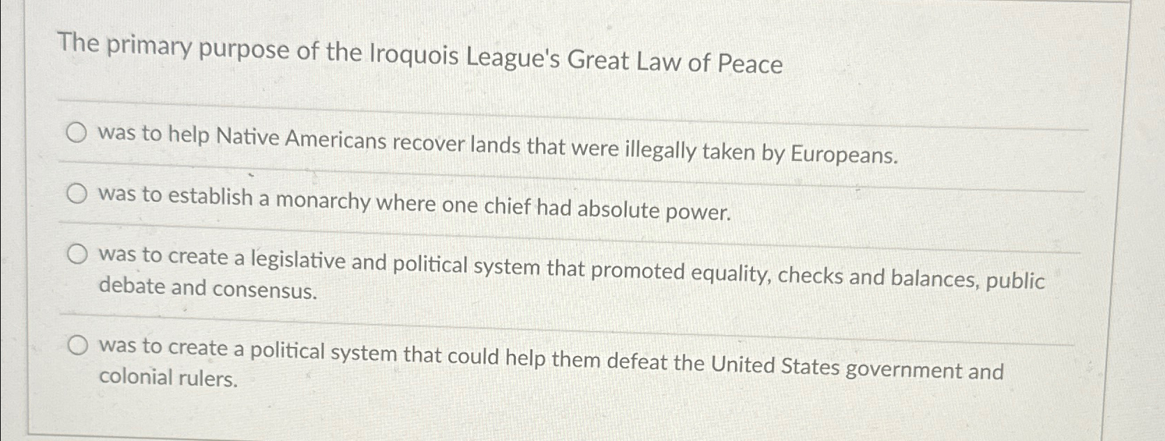 Solved The primary purpose of the Iroquois League's Great | Chegg.com