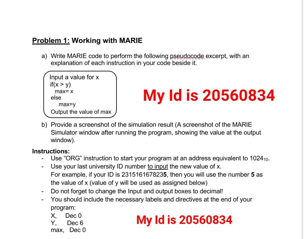 Solved A Write Marie Code To Perform The Following 
