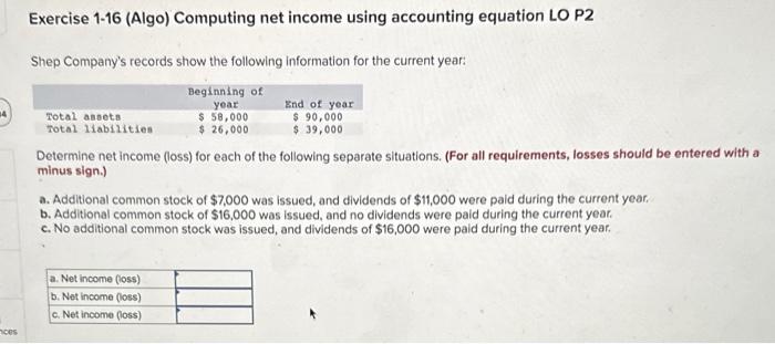 Solved Exercise 1-16 (Algo) Computing net income using | Chegg.com