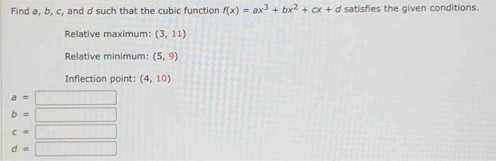 Solved Find a,b,c, and d such that the cubic function | Chegg.com