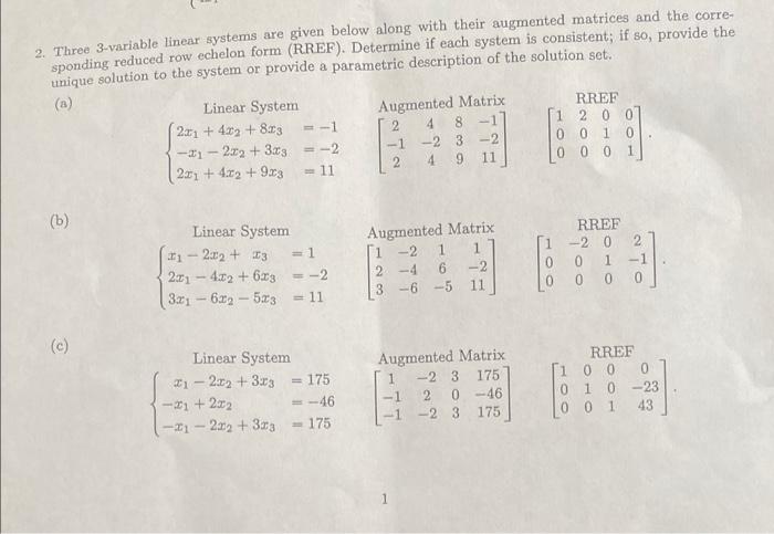 Solved 2. Three 3-variable linear systems are given below | Chegg.com