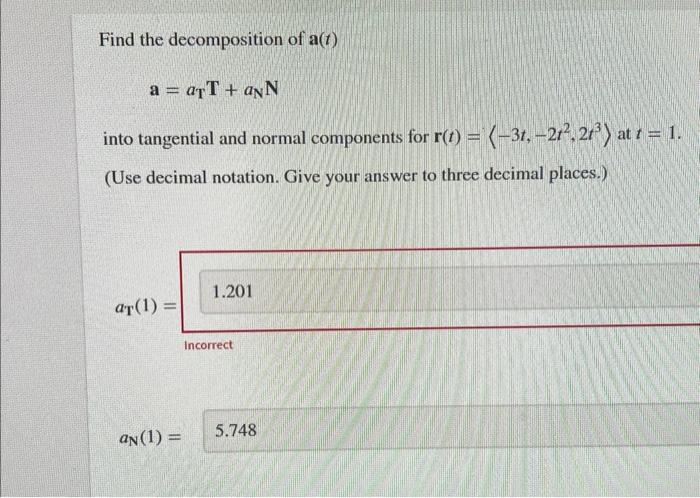 Solved Find the decomposition of a(t) a=aTT+aNN into | Chegg.com