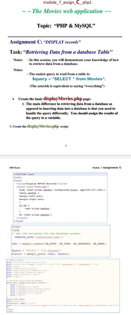 Solved Assignment C: "DISPLAY records" Task: "Retrieving | Chegg.com