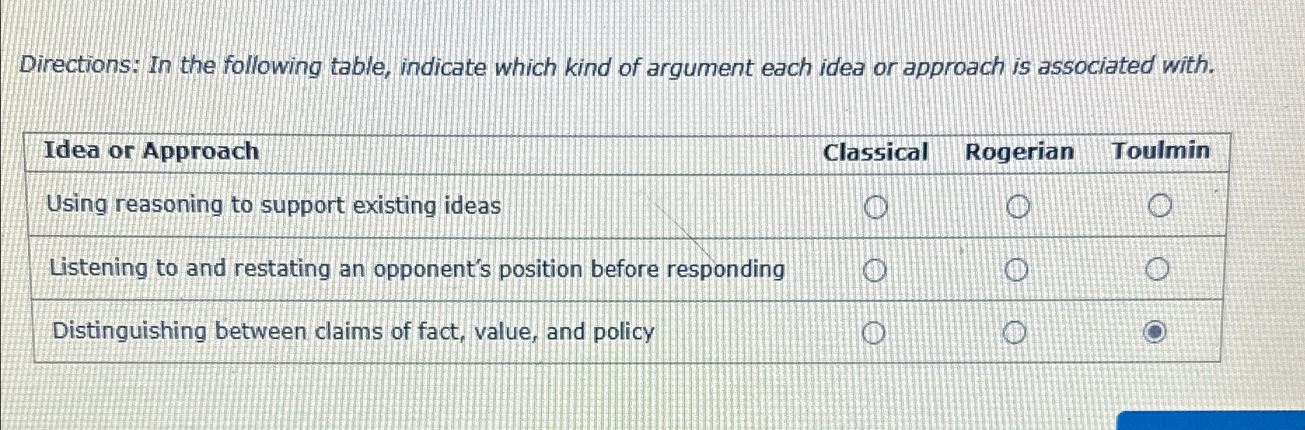 Solved Directions: In the following table, indicate which | Chegg.com