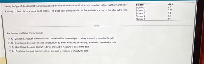 Solved Identify the type of data (qualativelquactiative) and | Chegg.com