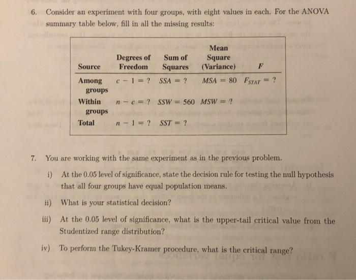 Solved 6. Consider an experiment with four groups, with | Chegg.com