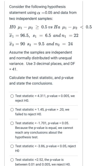 Solved Consider the following hypothesis statement using | Chegg.com