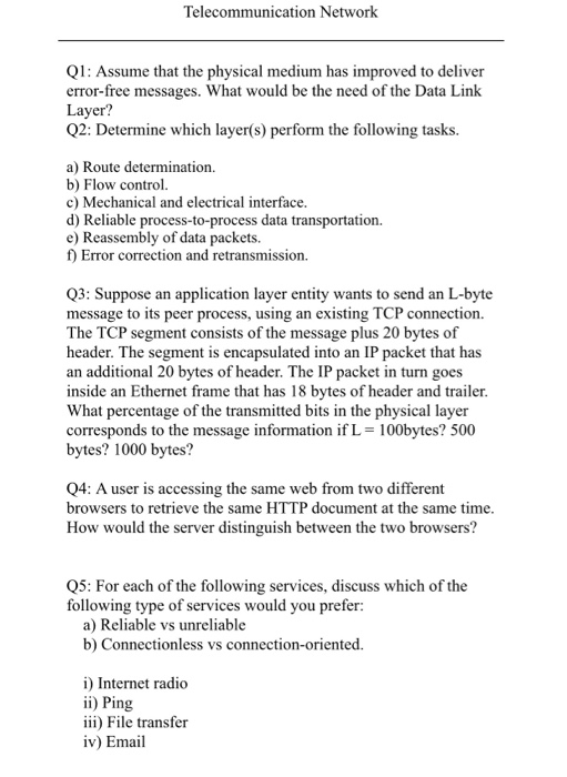 Solved Telecommunication Network Q1: Assume that the | Chegg.com