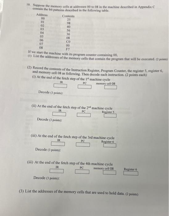 Solved 10. Suppose the memory cells at addresses 00 to 08 in | Chegg.com