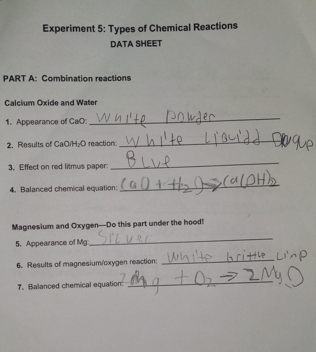 Solved Experiment 5: Types of Chemical Reactions DATA SHEET | Chegg.com