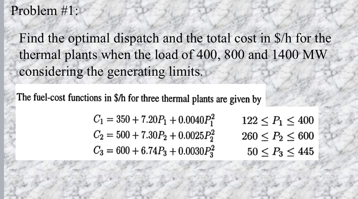 Solved Problem #1:Find the optimal dispatch and the total | Chegg.com