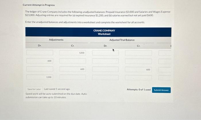 Solved Current Attempt in Progress The ledger of Crane | Chegg.com