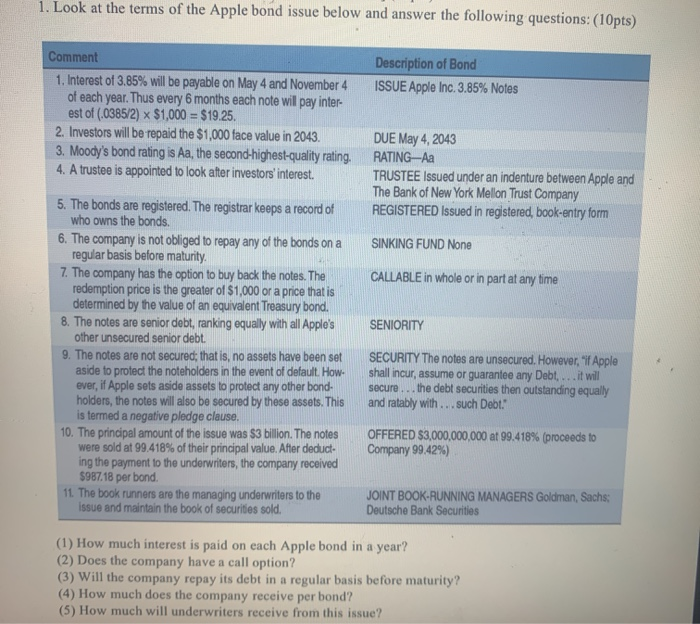 Solved 1. Look at the terms of the Apple bond issue below | Chegg.com