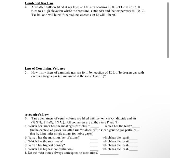 Solved Combined Gas Law 4. A weather balloon filled at sea | Chegg.com