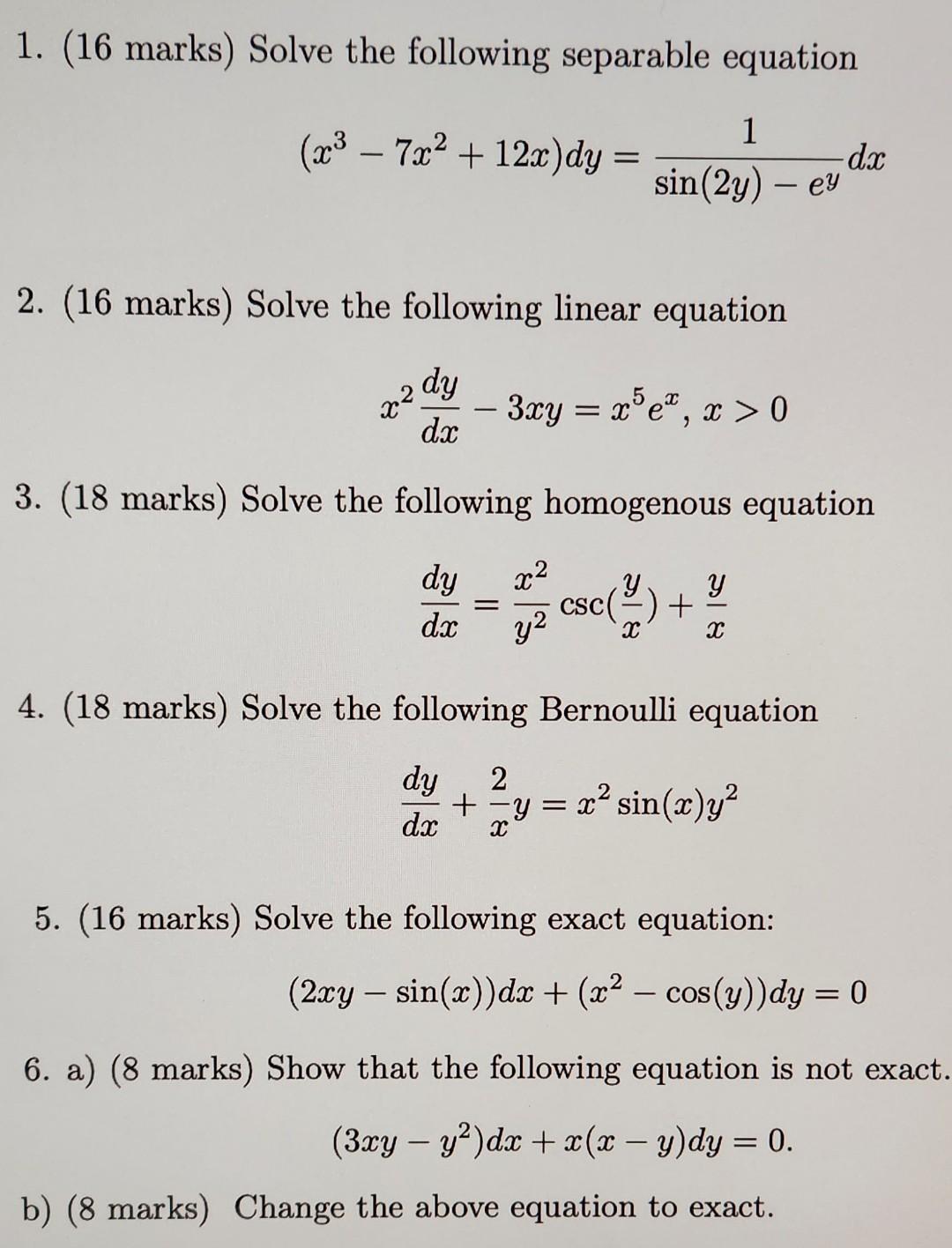 Solved 1. (16 marks) Solve the following separable equation | Chegg.com