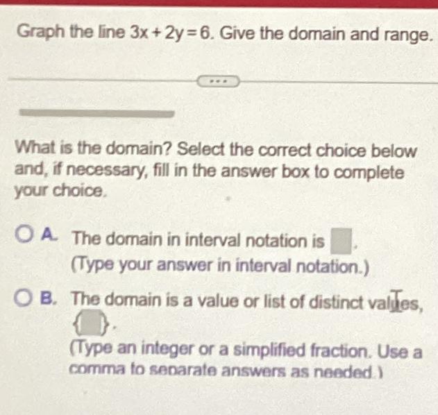 Solved Graph the line 3x+2y=6. ﻿Give the domain and | Chegg.com