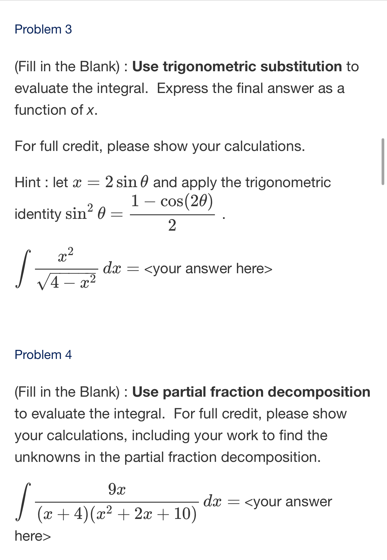 Solved Problem 3(Fill in the Blank) ﻿: Use trigonometric | Chegg.com