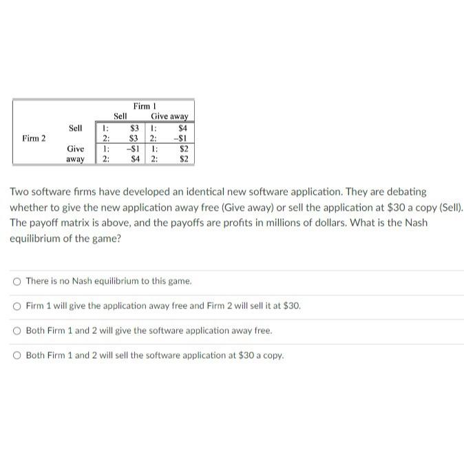 Solved \table[[Firm 2,Sell,Firm 1],[Sell,Give | Chegg.com