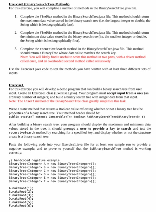 Exercise (Binary Search Tree Methods) For this | Chegg.com
