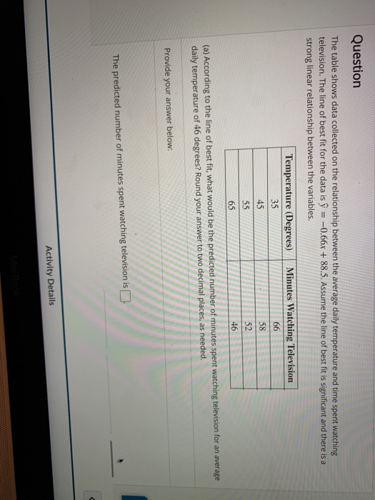Solved Question The table shows data collected on the | Chegg.com