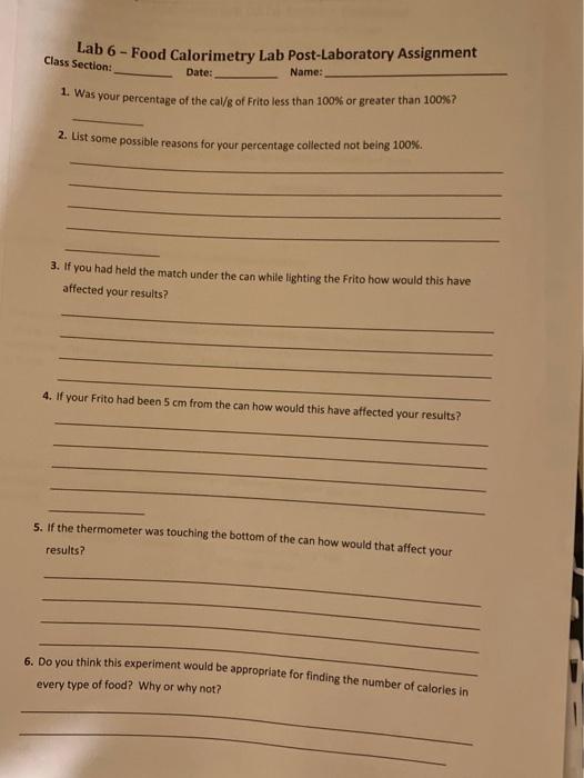 Lab 6 - Food Calorimetry Lab Post-Laboratory | Chegg.com