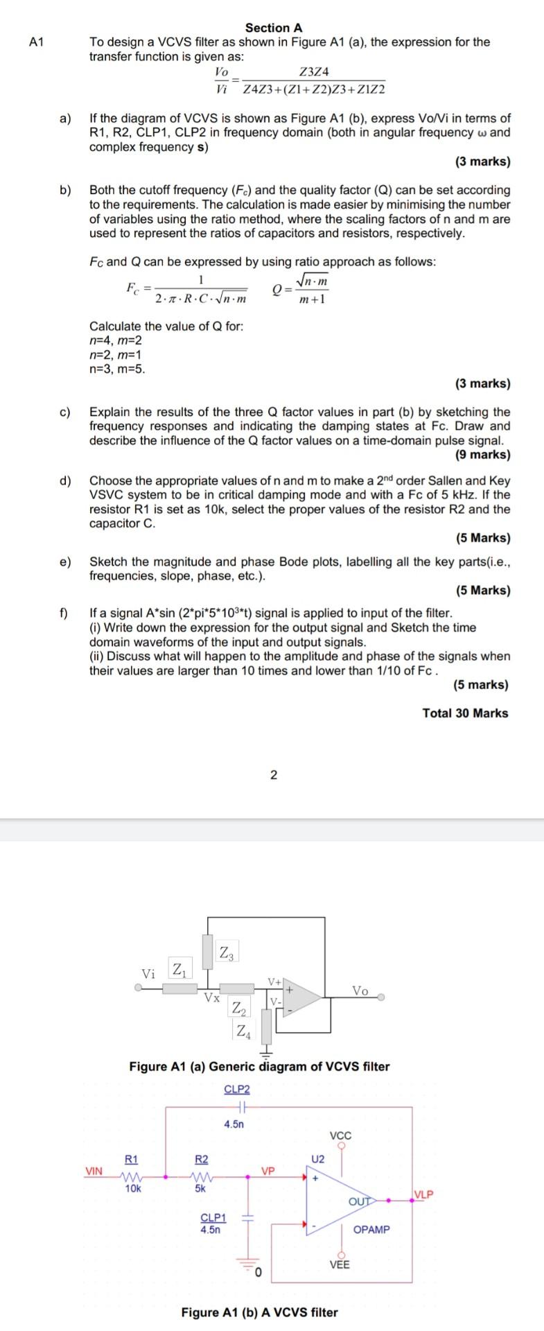 Solved A1 Section A To design a VCVS filter as shown in | Chegg.com