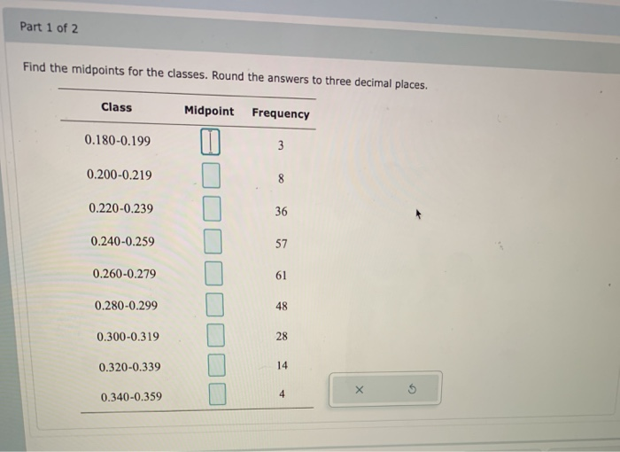 Solved Part 1 of 2 Find the midpoints for the classes. Round | Chegg.com