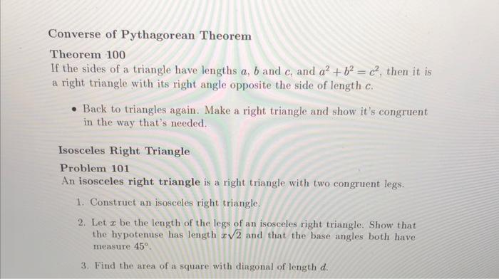 Solved Converse of Pythagorean Theorem Theorem 100 If the | Chegg.com