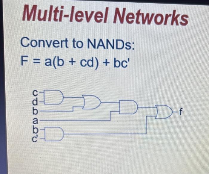 Solved Multi-level Networks Convert to NANDs: F=a(b+cd)+bc′ | Chegg.com