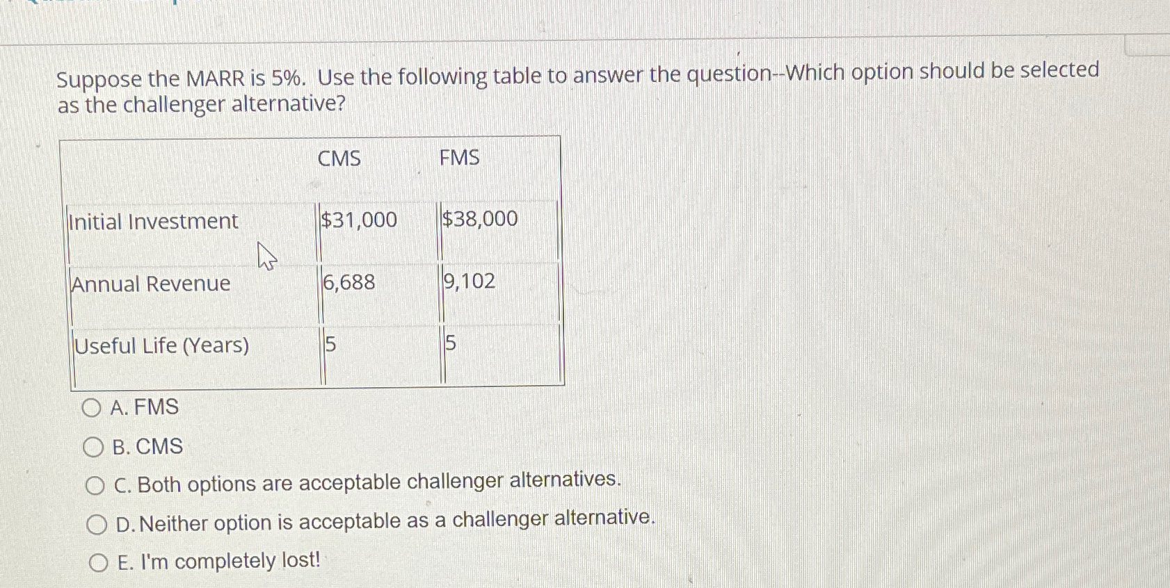 Solved Suppose the MARR is 5%. ﻿Use the following table to | Chegg.com