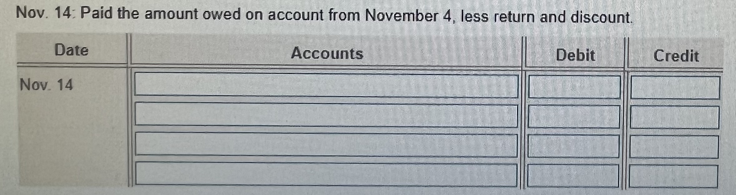 Solved Nov. 14: Paid the amount owed on account from | Chegg.com