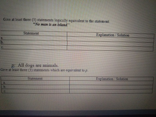 Solved Give at least three (3) statements logically | Chegg.com