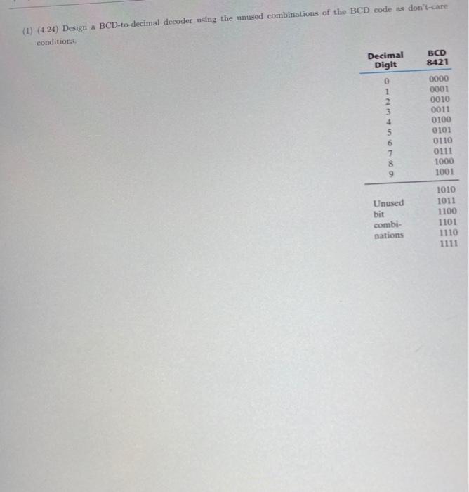 Solved (1) (4.24) Design a BCD-to-decimal decoder using the | Chegg.com