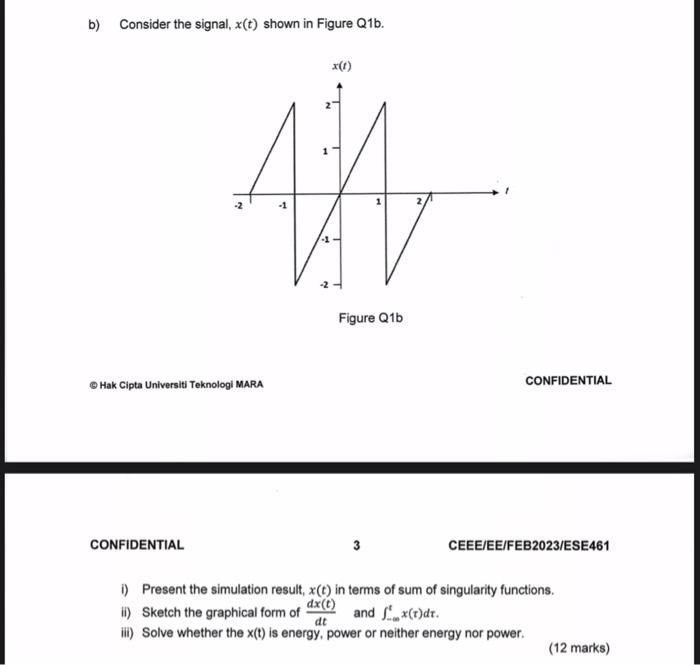 Solved b) Consider the signal, x(t) shown in Figure Q1b. (c) | Chegg.com