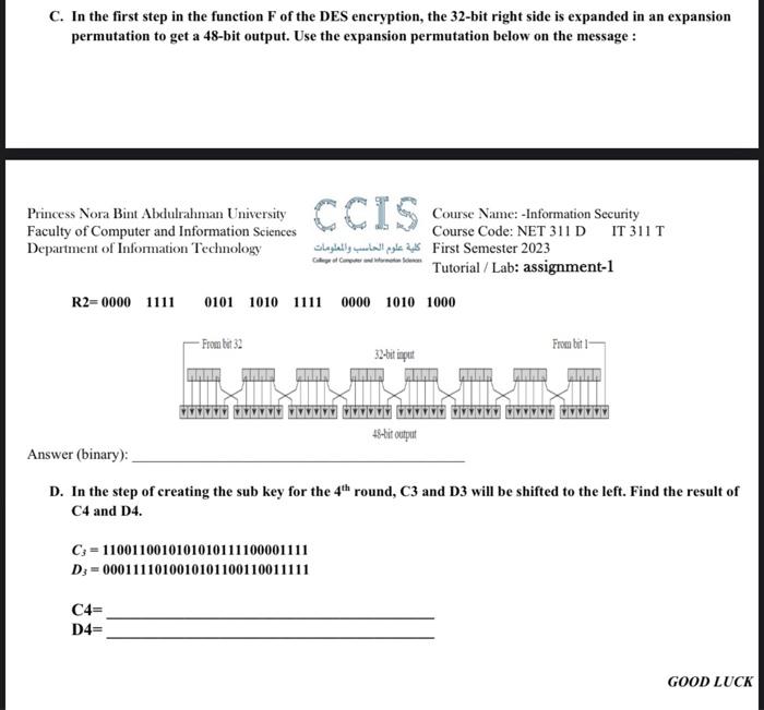 Solved C. In the first step in the function F of the DES | Chegg.com