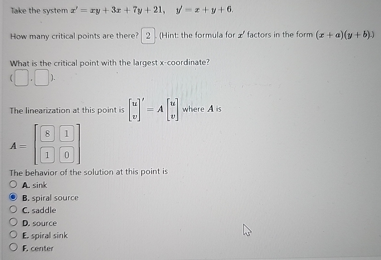 Solved Take the system x'=xy+3x+7y+21,y'=x+y+6.How many | Chegg.com