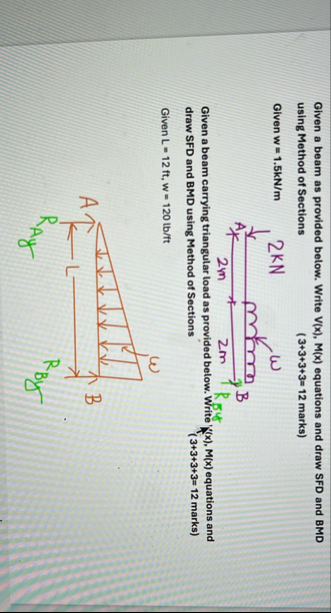 Solved Given a beam as provided below. Write V(x),M(x) | Chegg.com