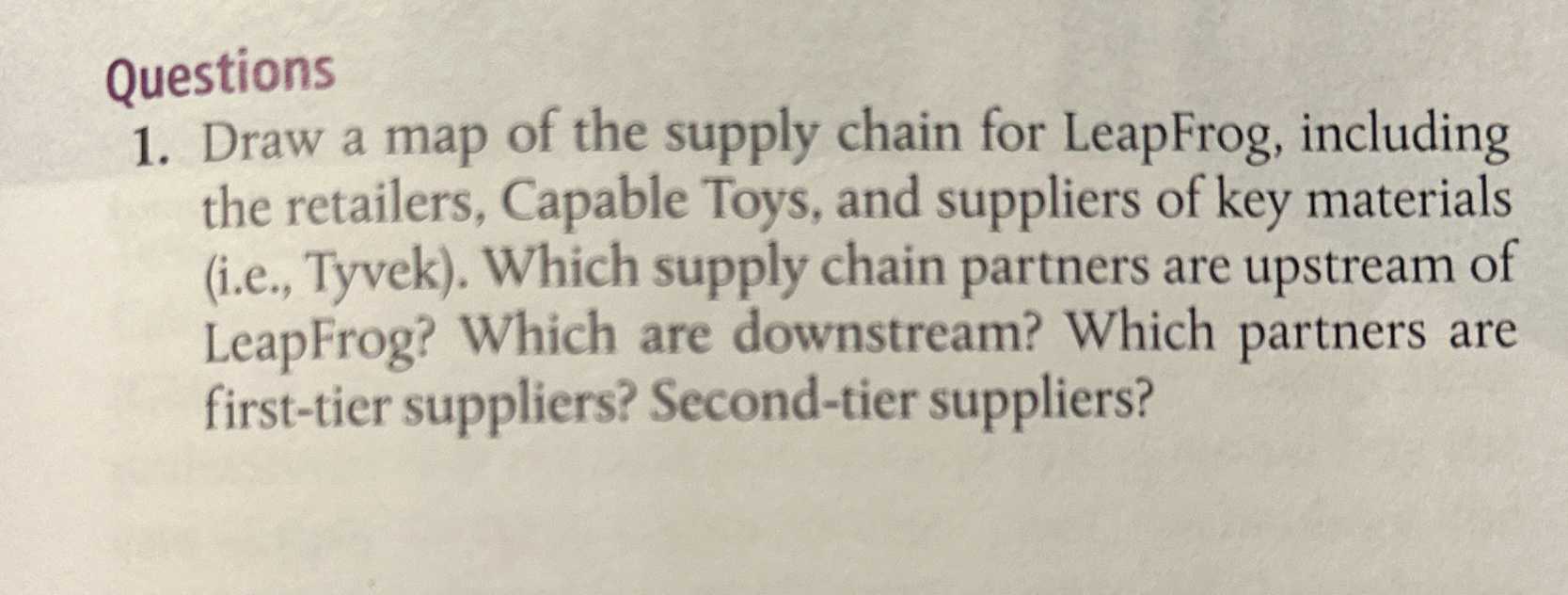 Solved QuestionsDraw a map of the supply chain for LeapFrog, | Chegg.com