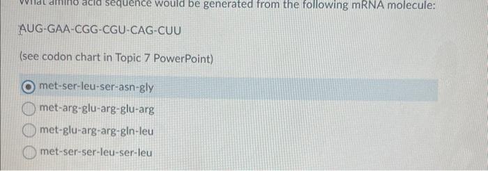 Solved AUG-GAA-CGG-CGU-CAG-CUU (see codon chart in Topic 7 | Chegg.com