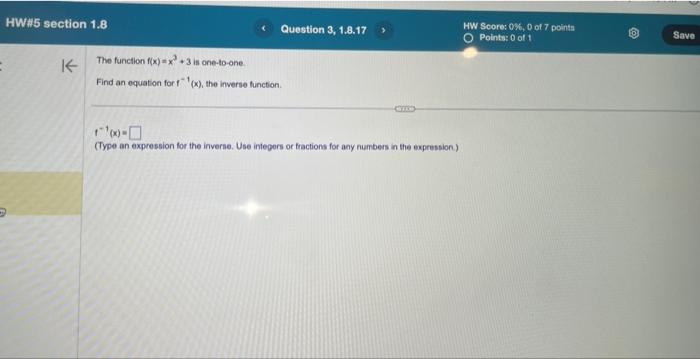 Solved The function f(x)=x3+3 is one-to-one. Find an | Chegg.com
