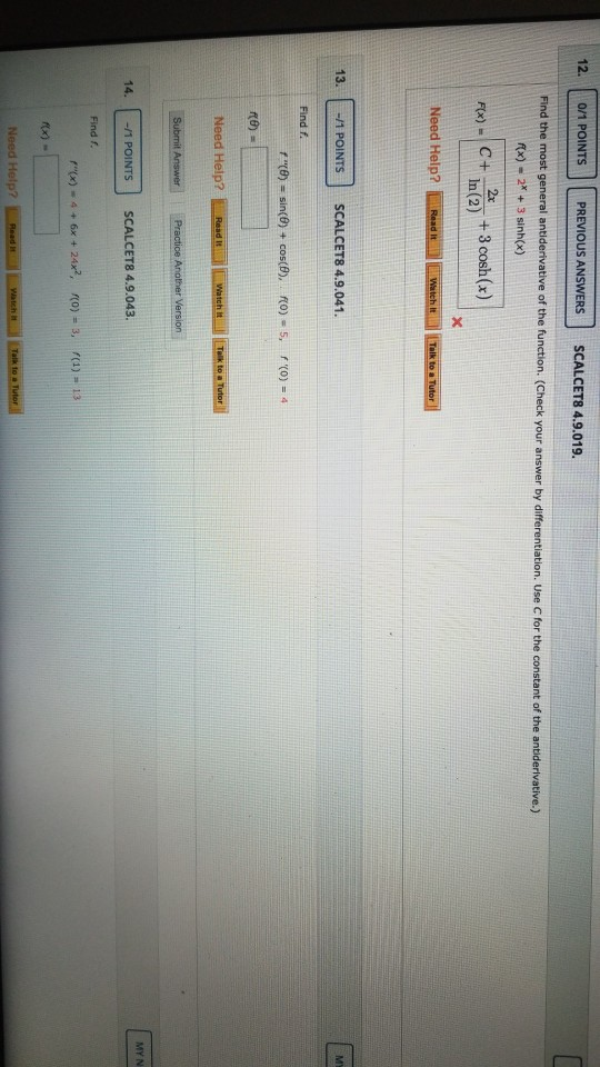 Solved 12. 0/1 POINTS PREVIOUS ANSWERS SCALCET8 4.9.019. | Chegg.com