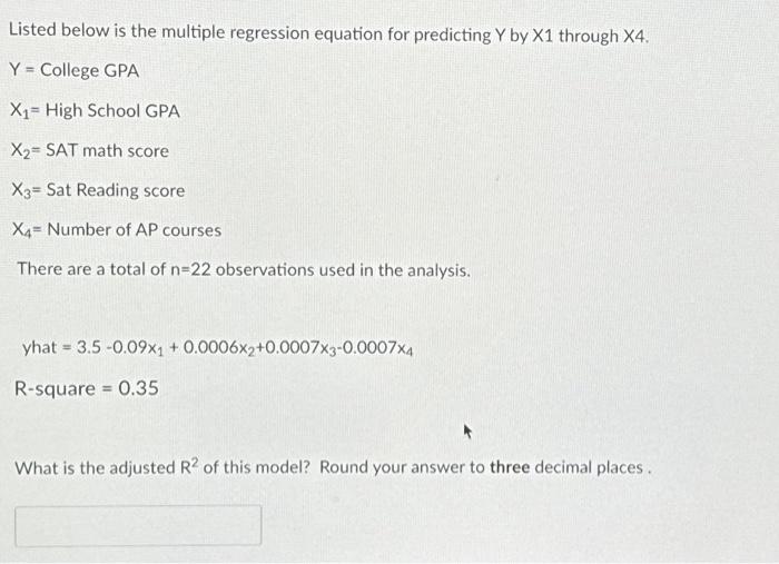Solved Listed below is the multiple regression equation for | Chegg.com