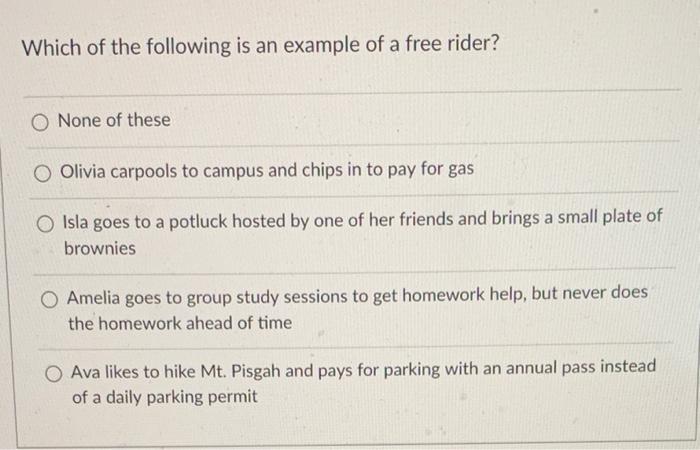 Solved Which of the following is an example of a free rider? | Chegg.com